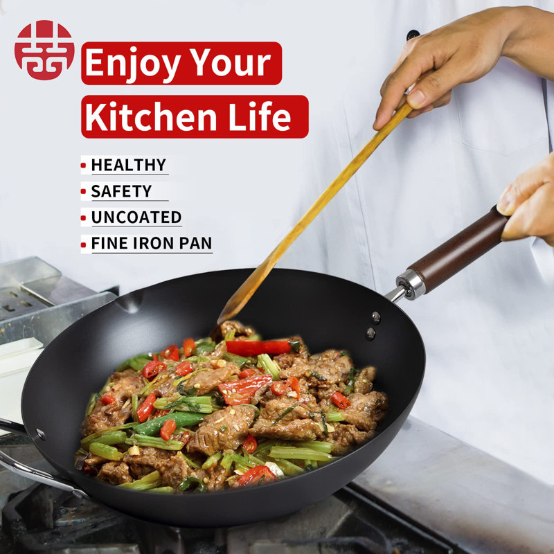 Wangyuanji 14.2'' Carbon Steel Wok with Glass Lid - Heat Fast | Wayfair